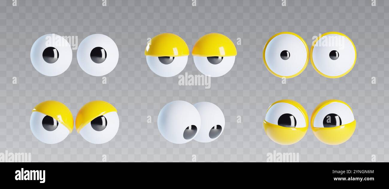 3d yellow doll googly eyes for cartoon isolated vector. Funny character ...