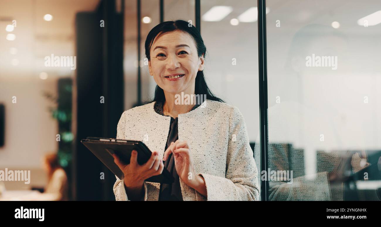 Japanese, business and woman for portrait with tablet for research ...