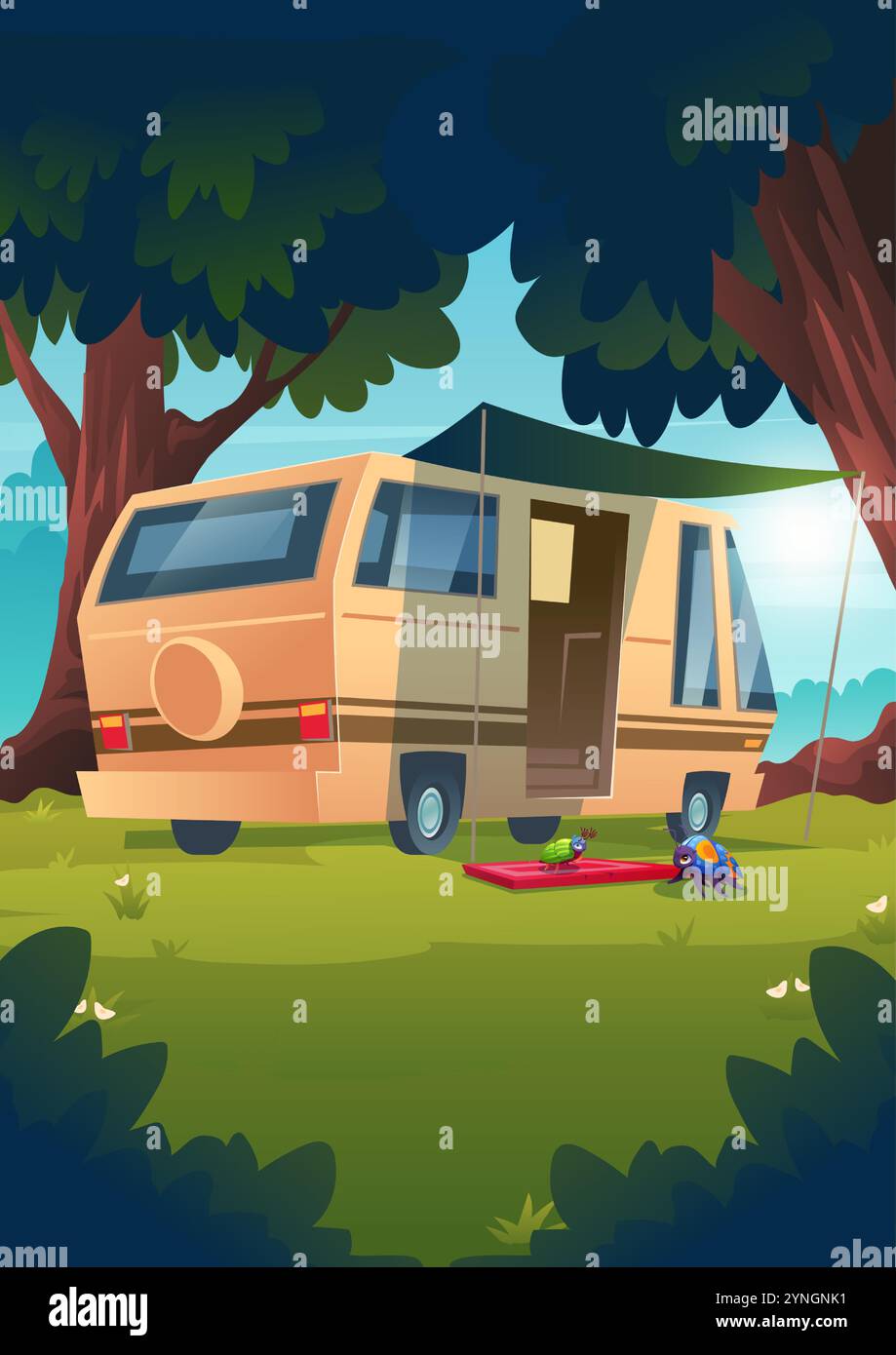 Camping van in summer forest. Vector cartoon illustration of travel ...