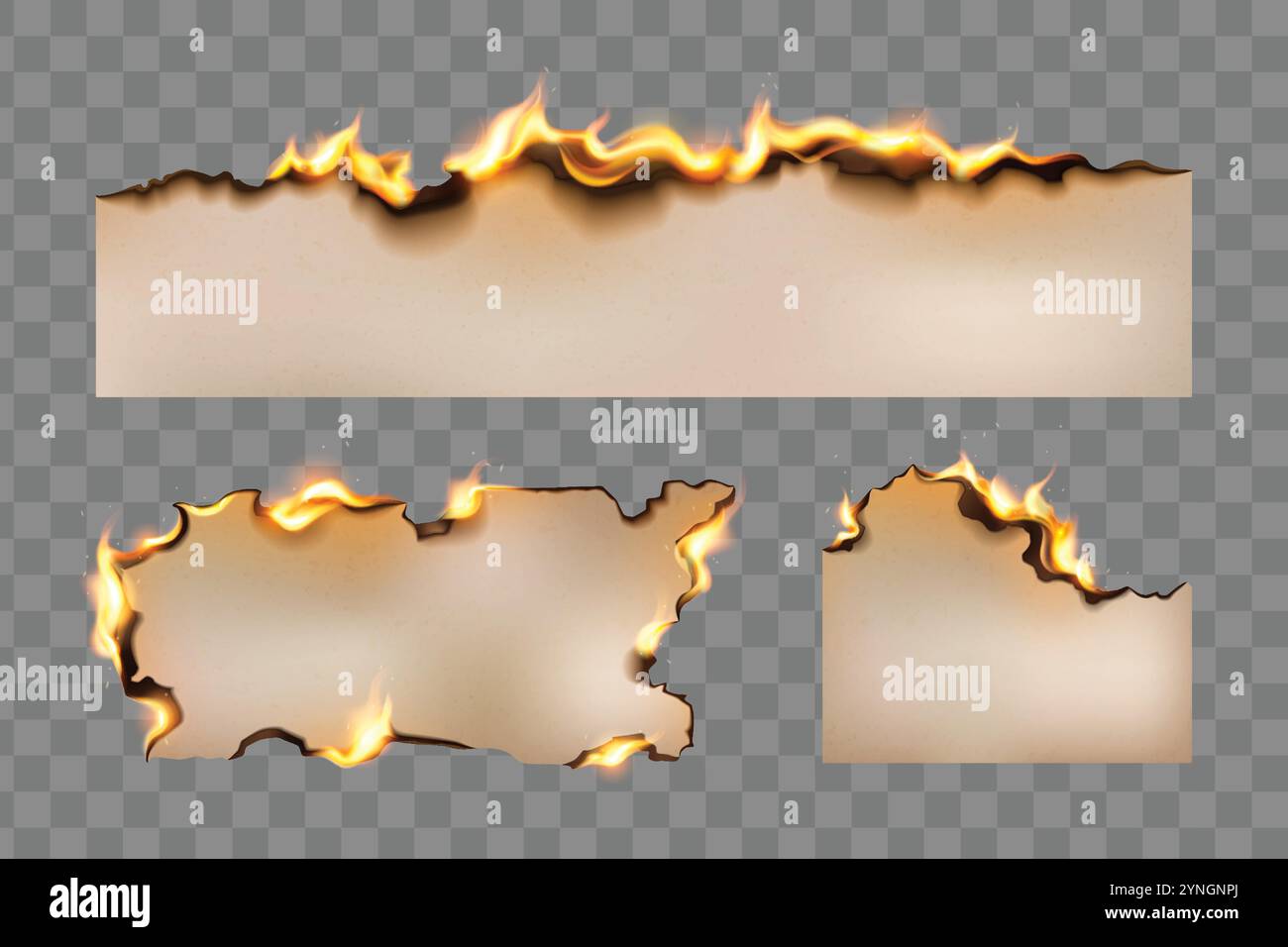 Burning paper sheets set isolated on transparent background. Vector ...