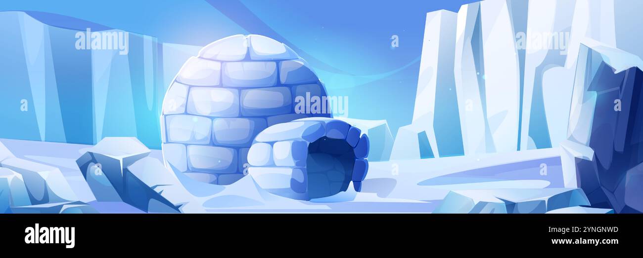 Arctic landscape with traditional igloo house built from snow blocks ...