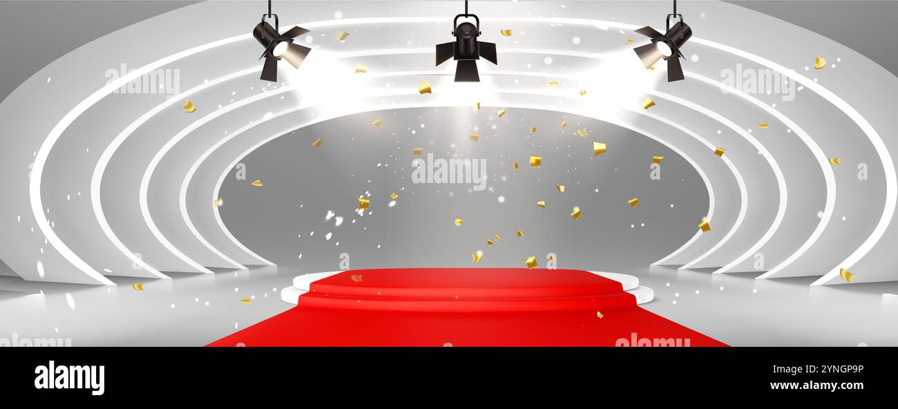 Runway red carpet leading to circular stairs podium with curved white ...