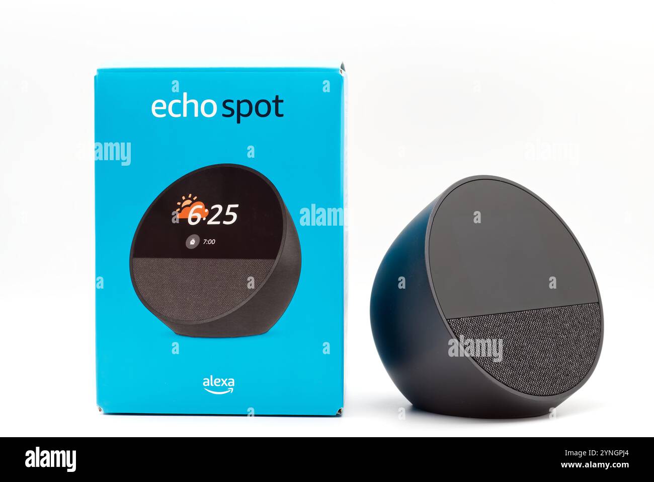 Amazon Echo Spot. Alexa, virtual assistant AI isolated on white ...