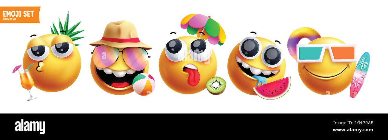 Summer emoji clipart characters set. Emojis yellow icon 3d character ...
