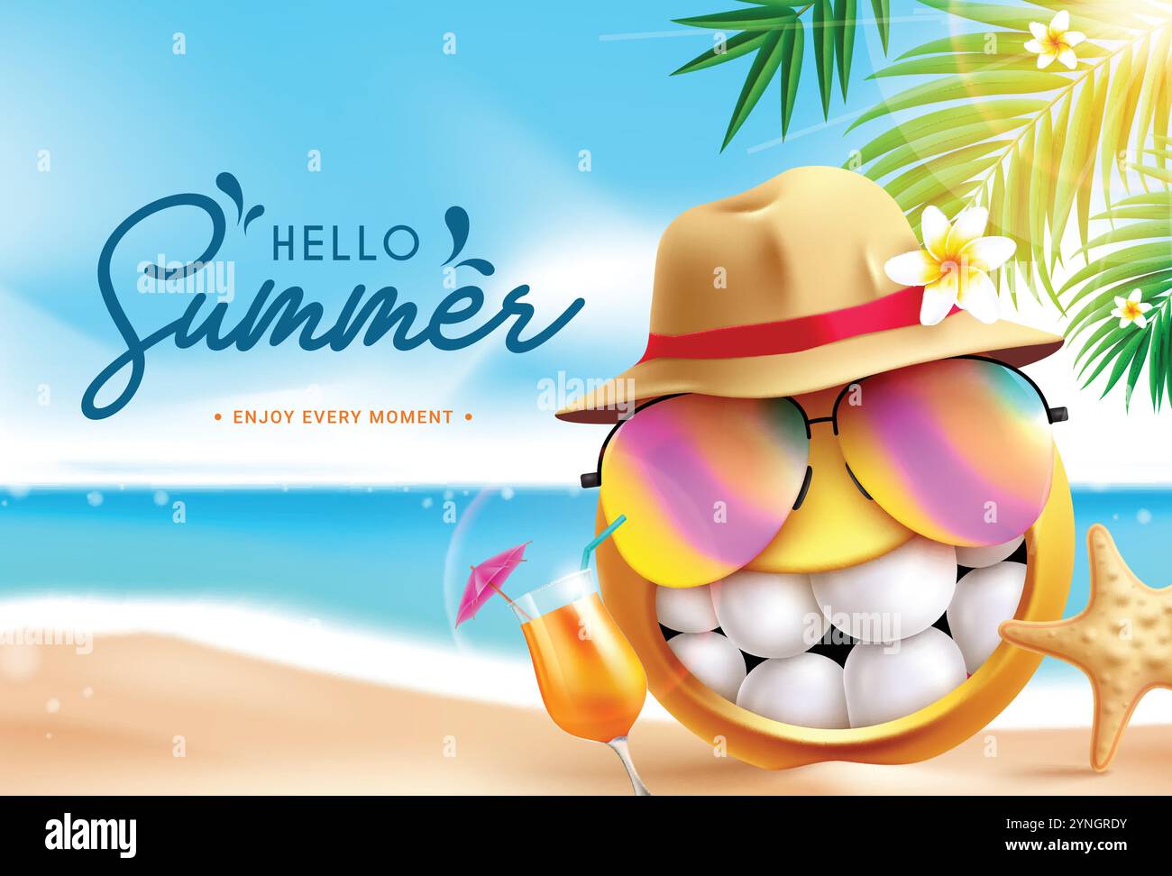 Hello summer greeting emoji clipart design. Summer text with emoji ...