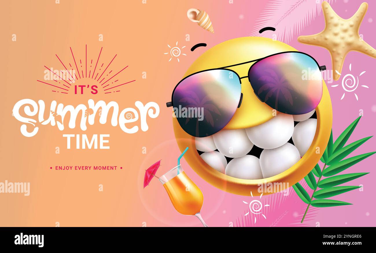 Summer time greeting emoji clipart design. It's summer text with emoji ...