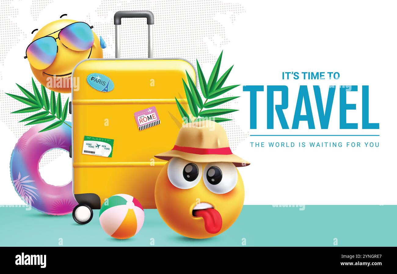 Travel time text emoji clipart design. Summer time with emoji character ...