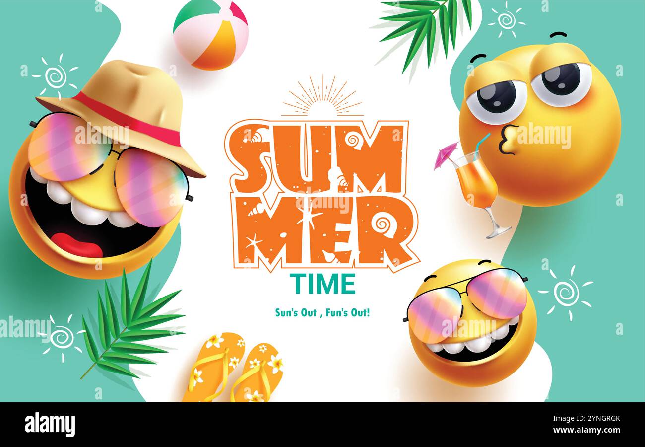 Summer time greeting emoji clipart template. Summer time text with ...