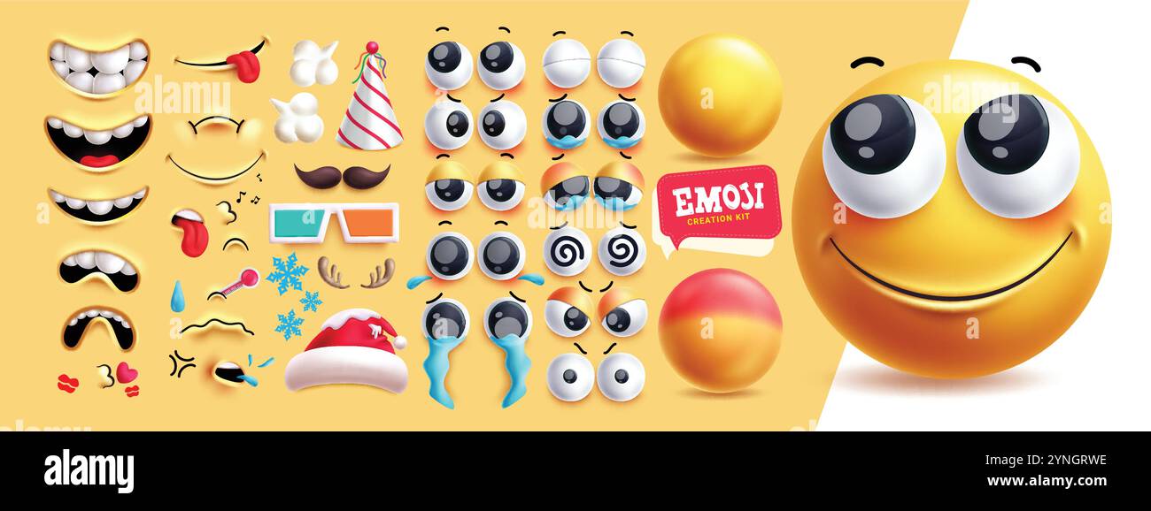 Emoji creation kit clipart 3d character set. Emoji editable face with ...
