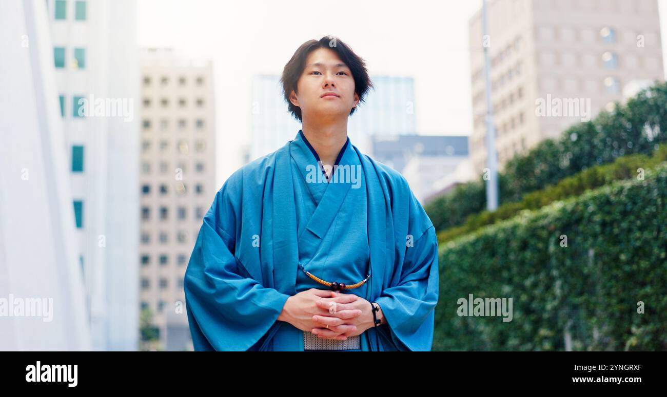 Kimono, fashion and culture with Japanese man in city for Shinto ...