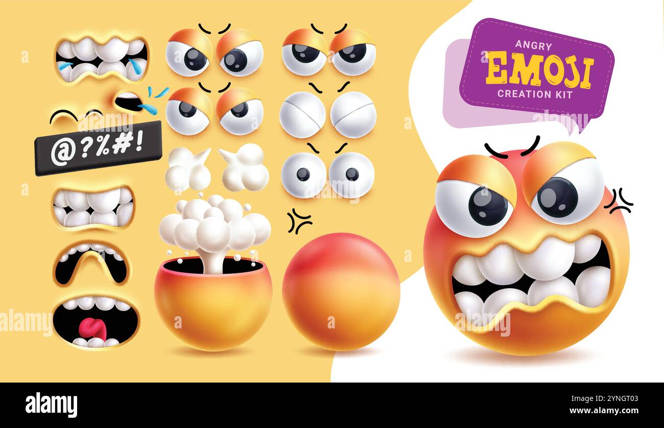 Angry emoji creation kit clipart 3d character set. Emoji editable face ...