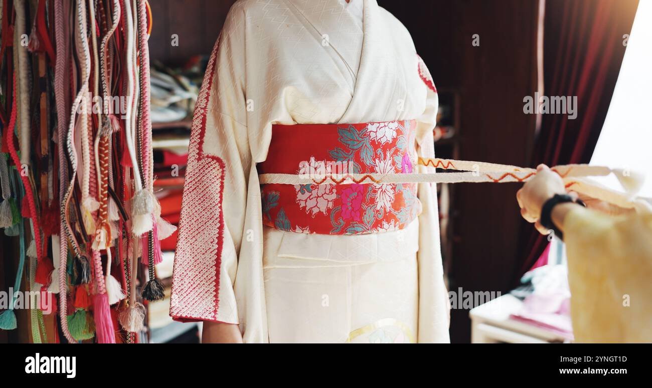 Kimono, belt and help with hands of people at tailor in japan for ...