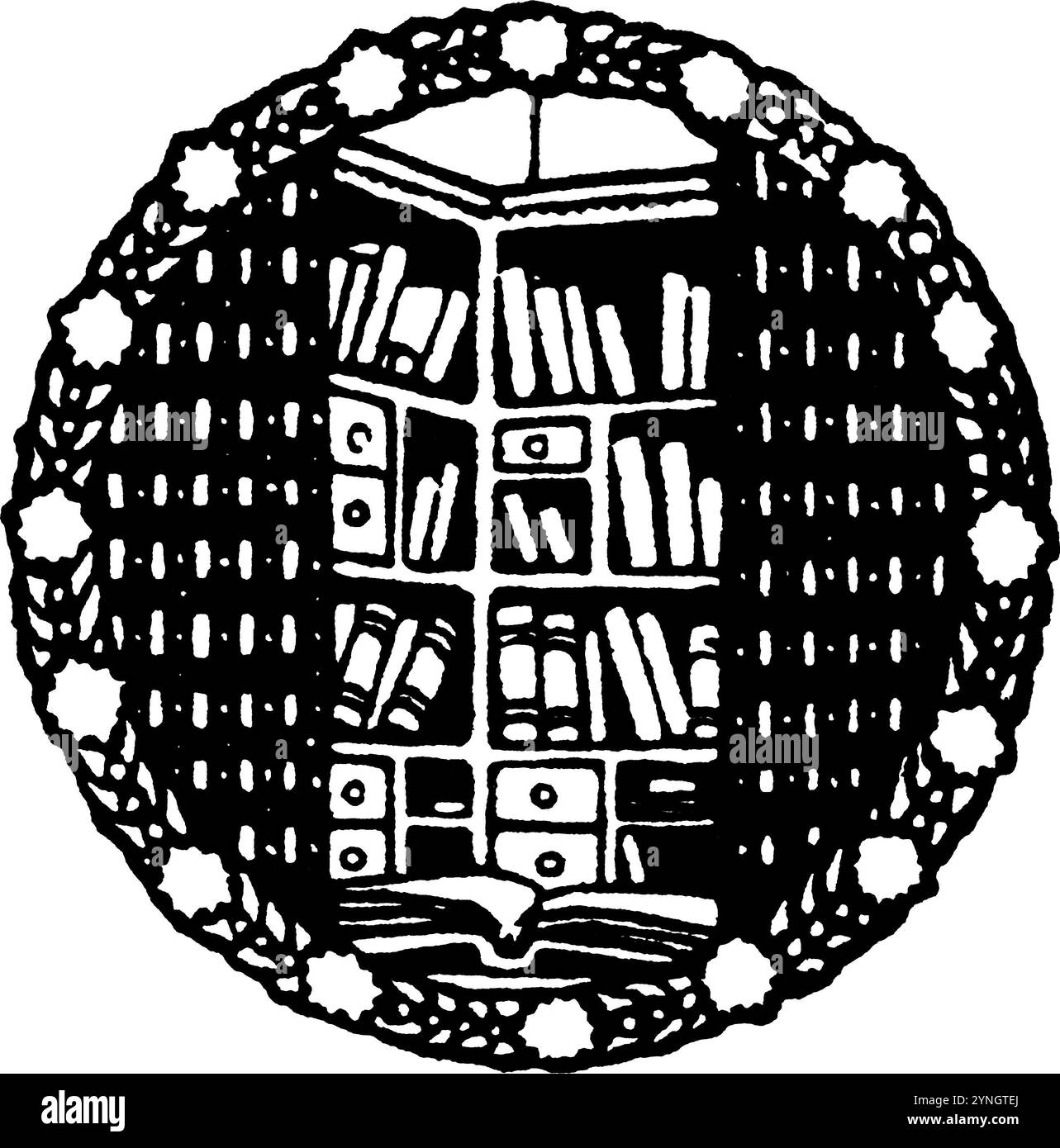 Circular bookcase typographical ornament Stock Photo - Alamy