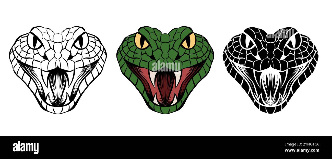 Vector set of evil snake heads in color, monochrome and outline style ...