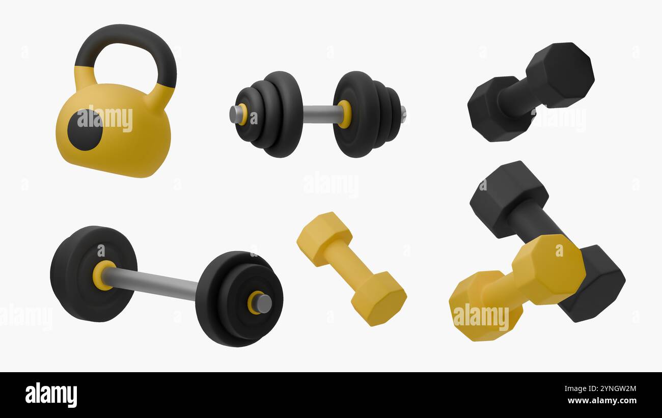 3D vector illustration of Cartoon dumbbells, barbells and weights on ...