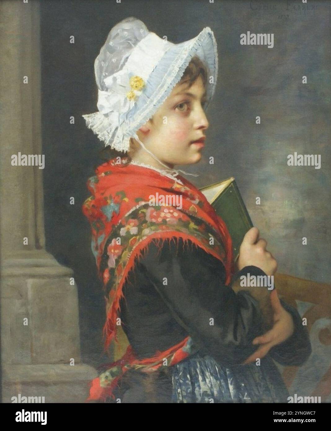 Cecile Ferrere - Portrait of a girl in red shawl and white bonnet, 1873 ...