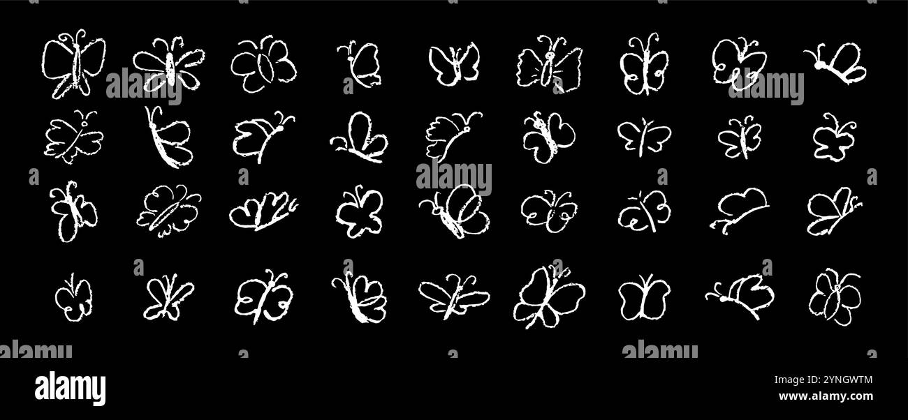 Set of butterflies drawing by pastel or charcoal pencil. White chalk ...