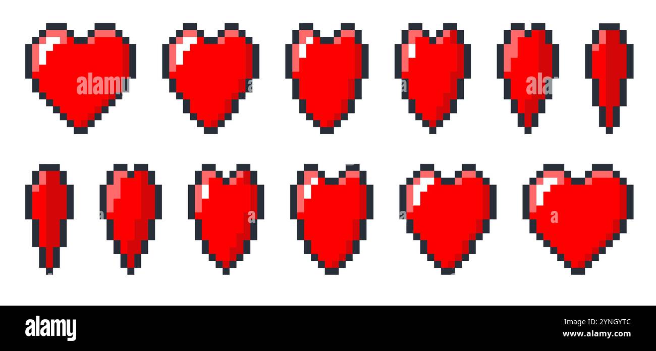 Pixel red heart rotation animation. Frames sequence with 8 bit game ...