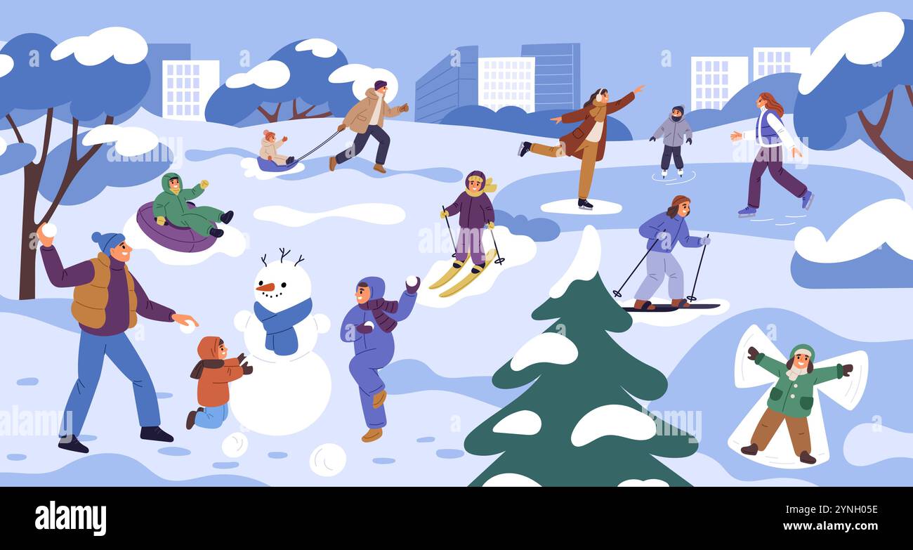 Parents with children in winter park. Happy people playing snow games ...