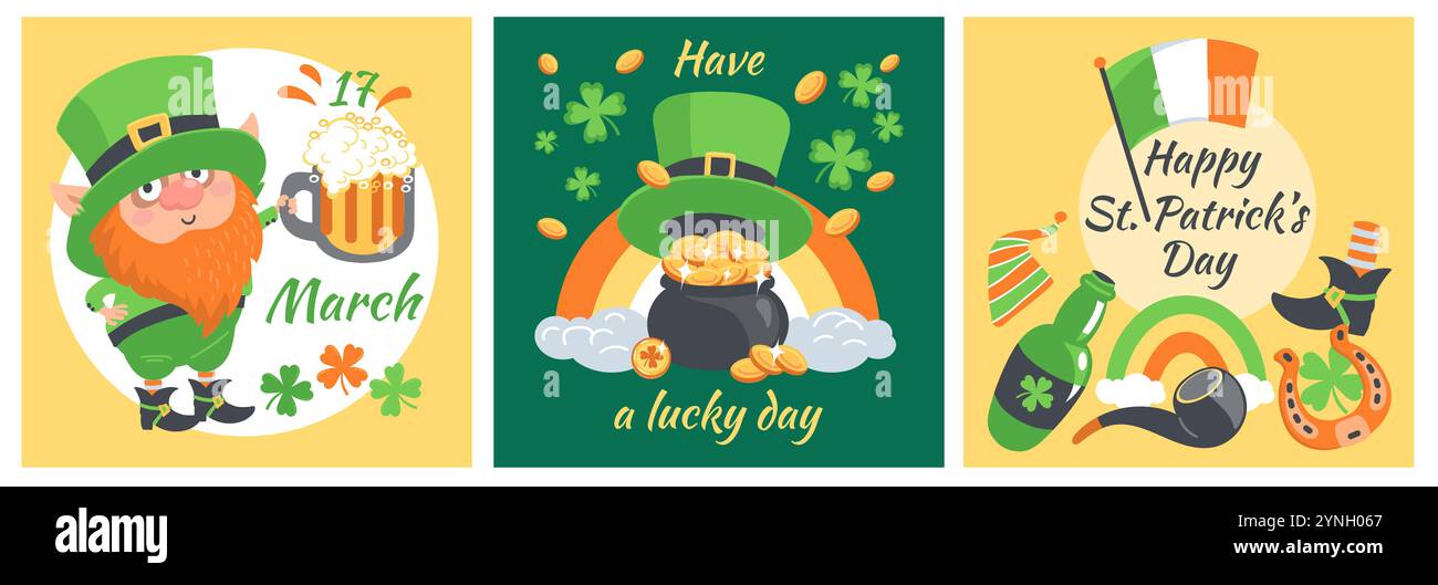 Patrick Day cards. Irish traditional holiday. Leprechaun drinks beer ...