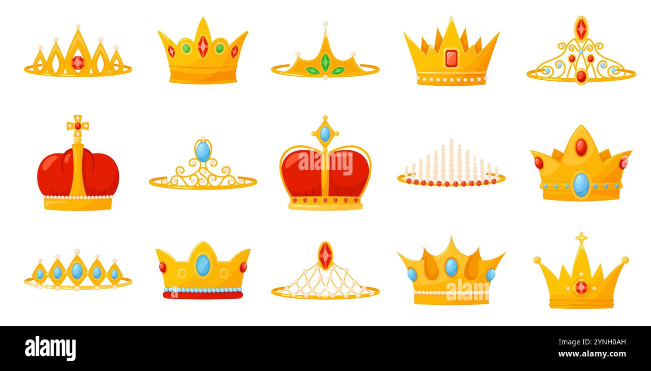 Golden royal crowns and tiaras. Cartoon king gold diadems. Queen ...