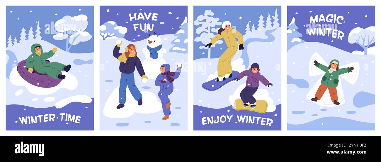Family winter entertainment cards. Outdoor snow games. Happy parents ...