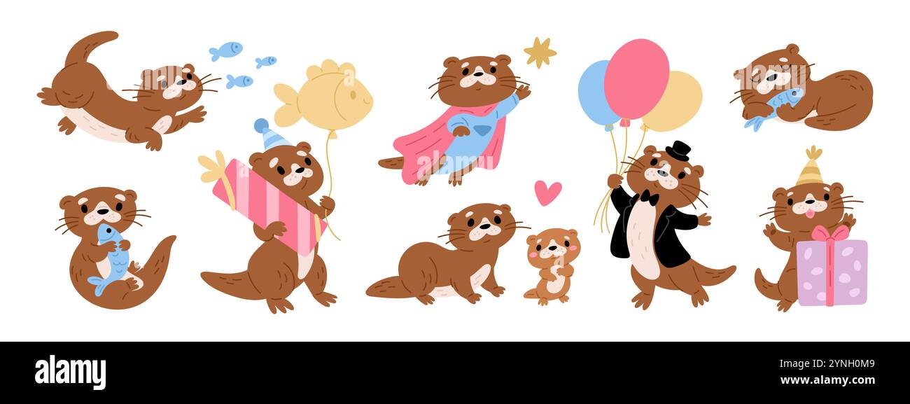 Cute river otters. Kawaii water animals. Fauna characters swim with ...