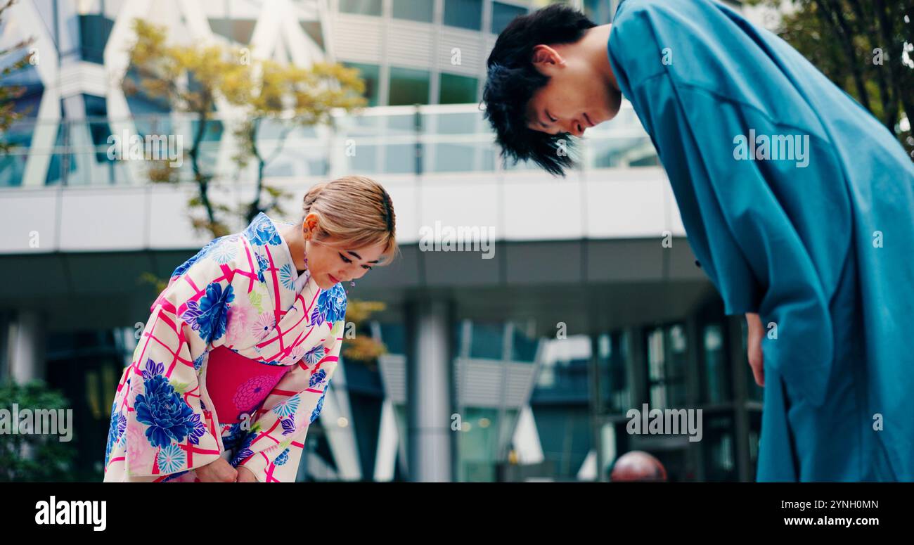 Culture, japanese people and bow for greeting, respect and welcome with ...