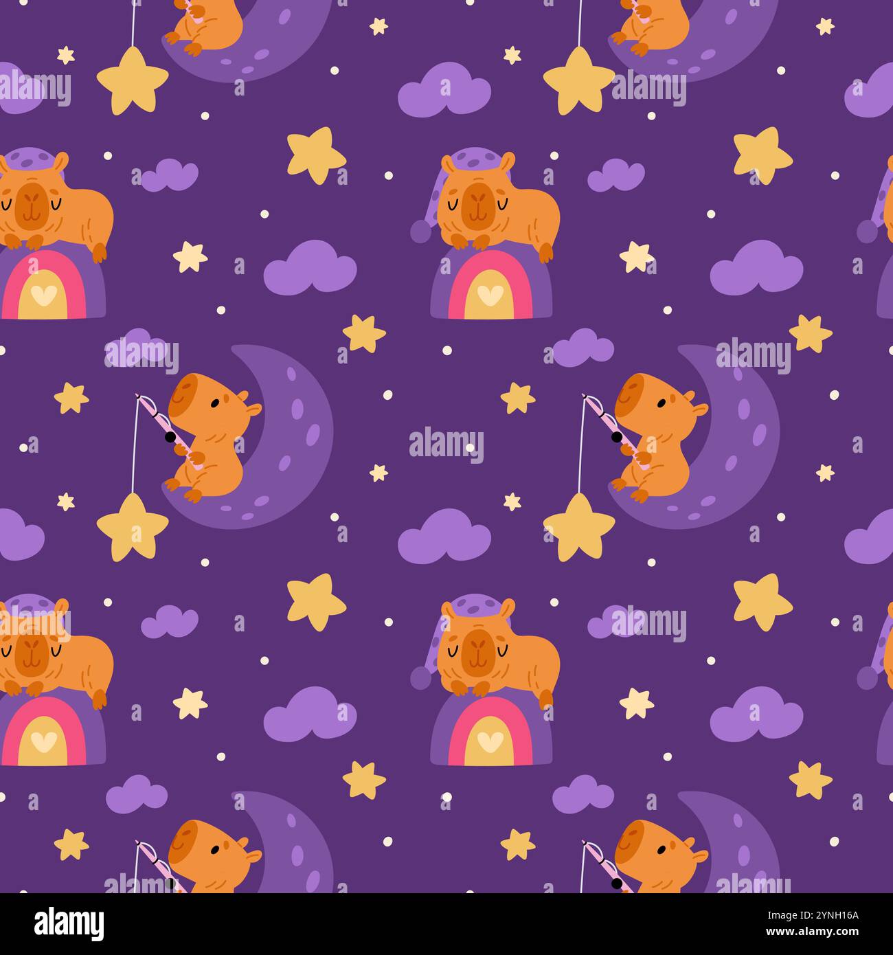 Capybaras seamless pattern. Cute funny animals. Good night elements. Repeated print. Exotic ...