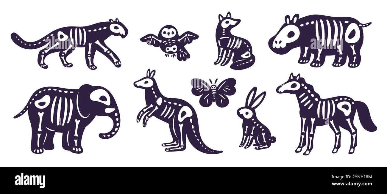 Cartoon animal skeletons. Halloween mystic fauna. Dia de los muertos ...