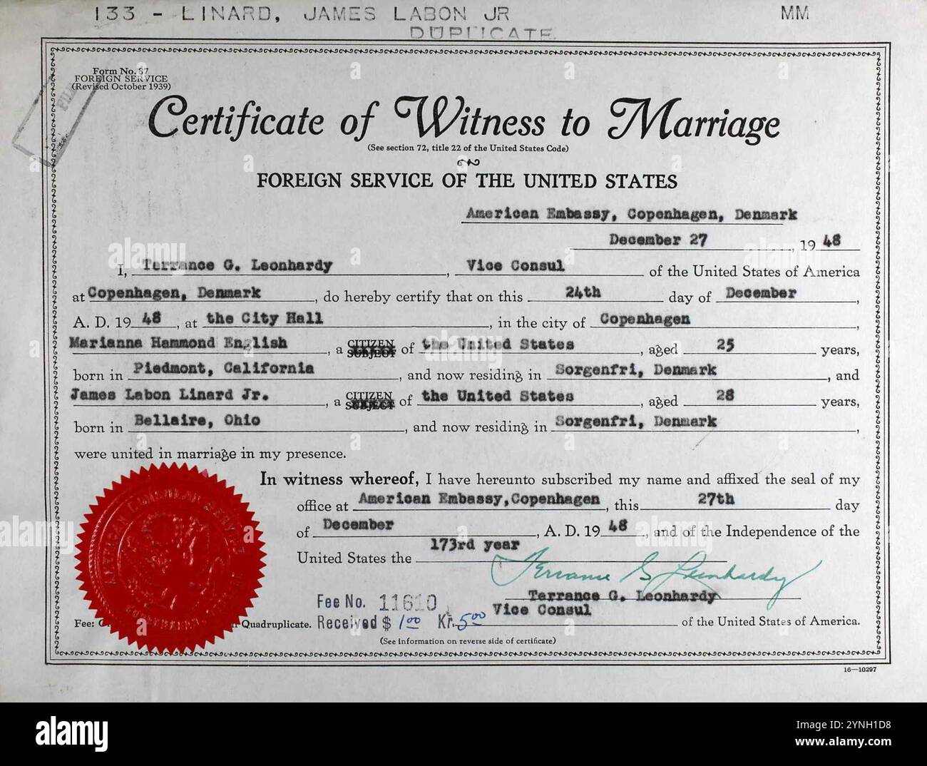 Certificate of Witness to Marriage Stock Photo - Alamy