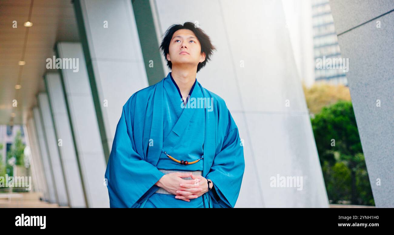 Kimono, culture and thinking with Japanese man in city for Shinto ...