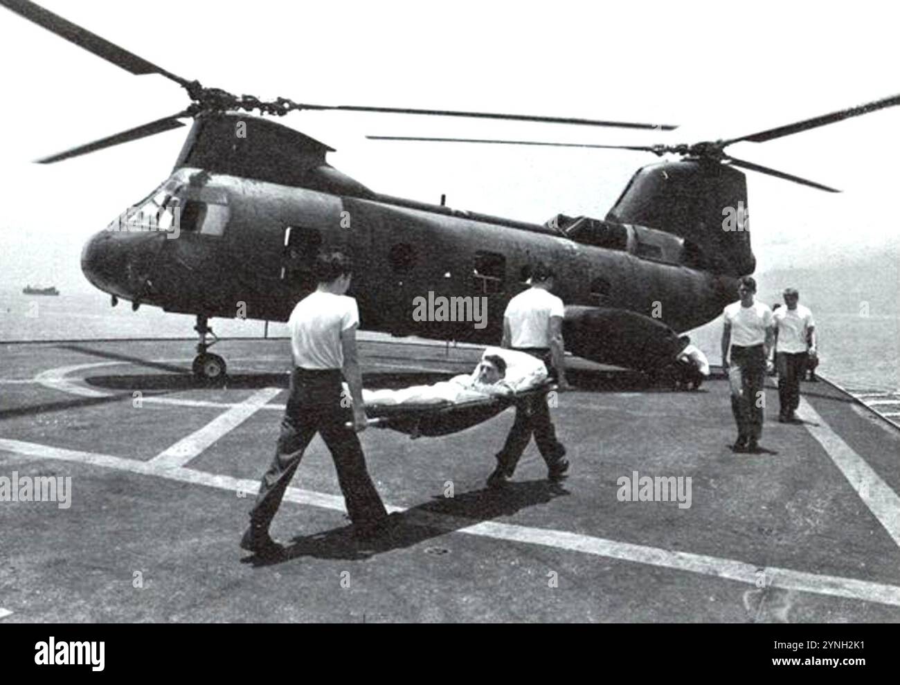 CH-46 Sea Knight on the flight deck of USS Sanctuary (AH-17) off ...