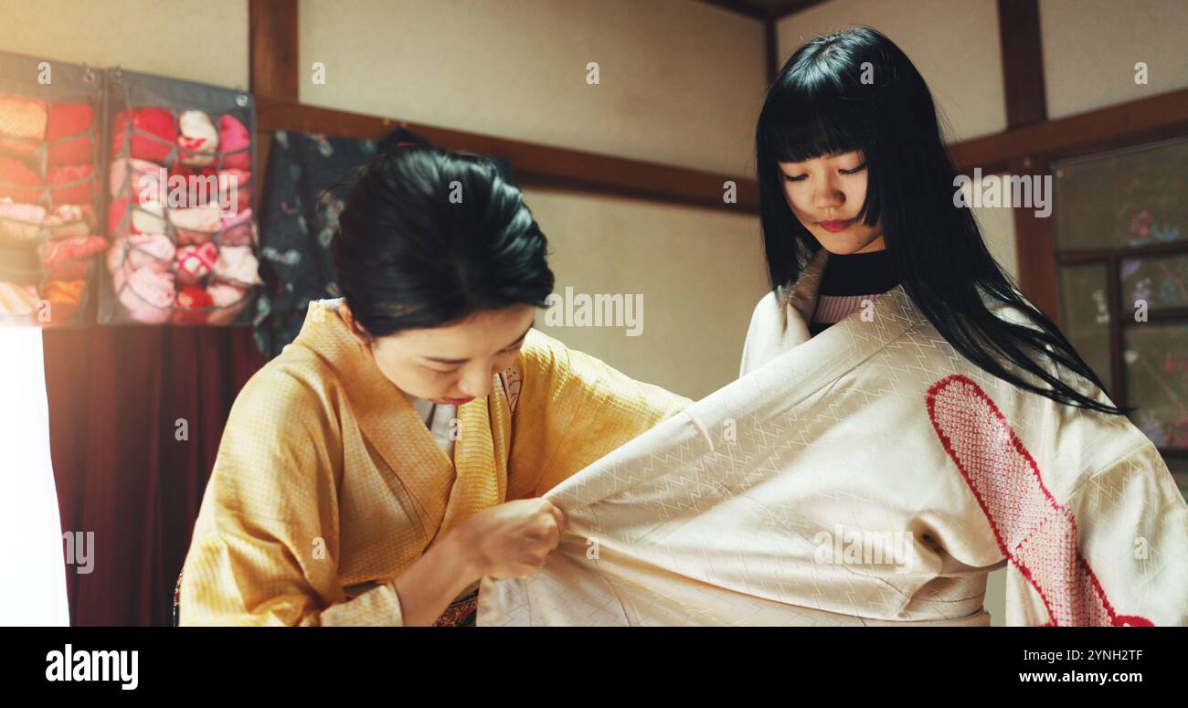 Fashion designer, tailor and Asian woman with fabric for kimono ...