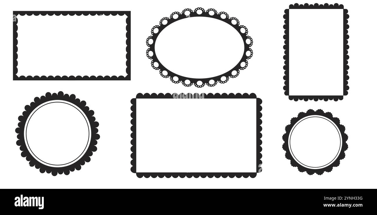 Scalloped border curve lace frame set. Silhouette frilly figure, stamp ...