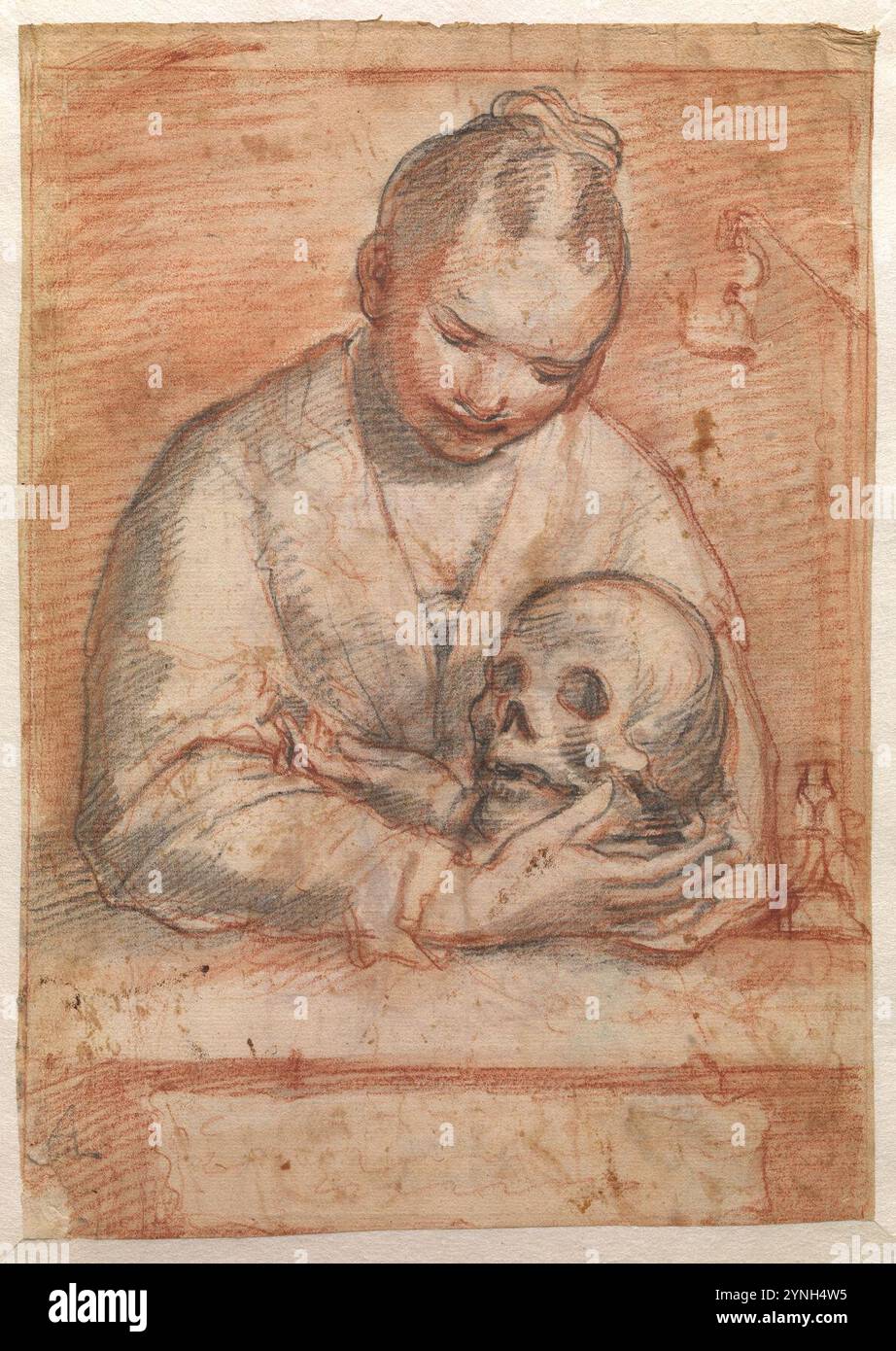 Woman Contemplating a Skull by Alessandro Casolani, drawing Stock Photo ...