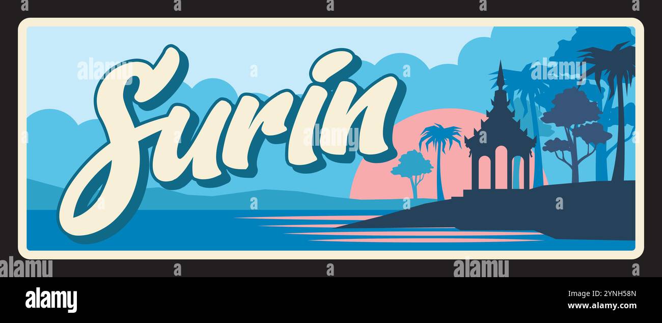Surin province of Thailand vector travel plate and tin sign. Mun river ...
