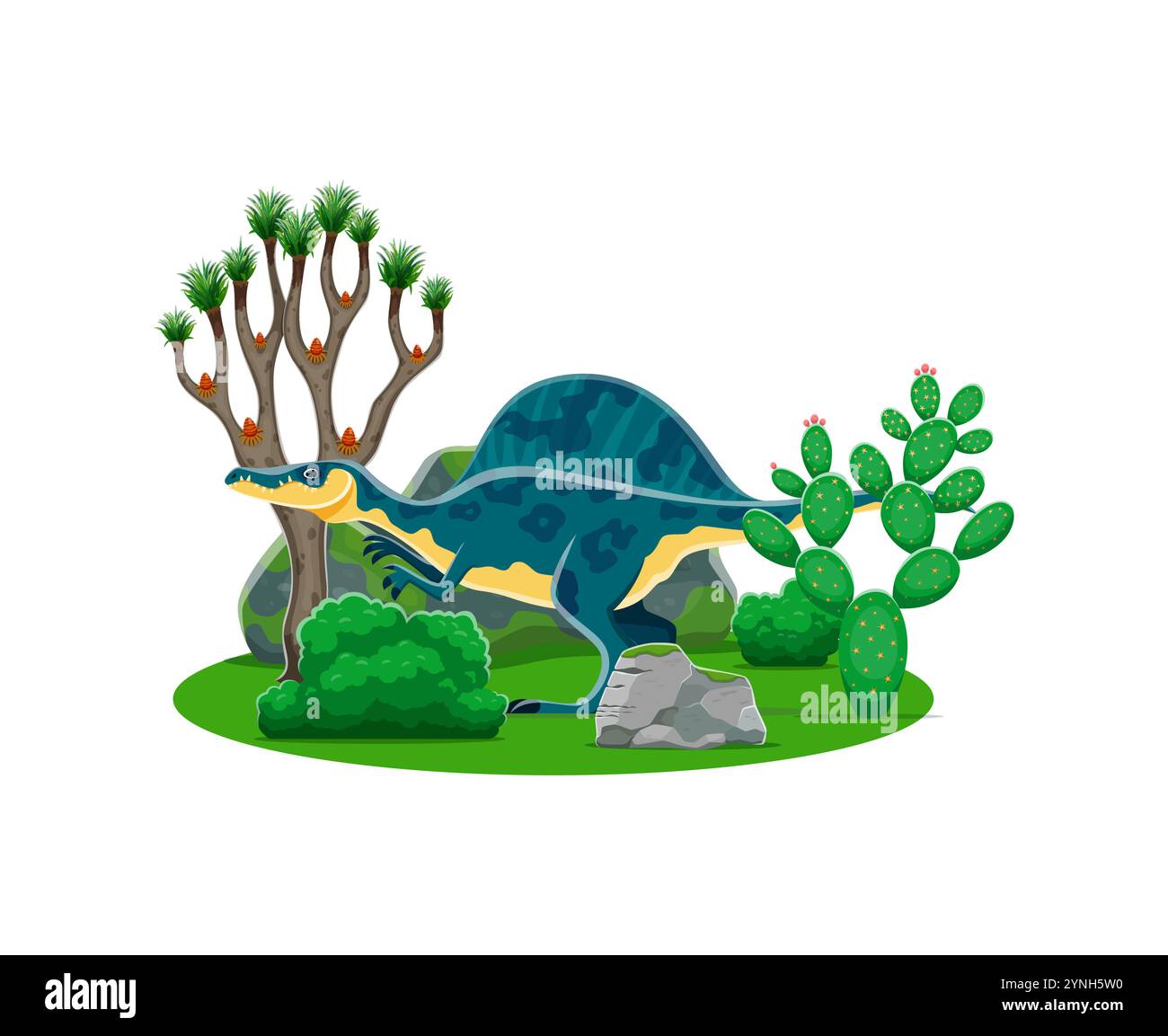 Oxalaia prehistoric dinosaur character in natural landscape with rock ...