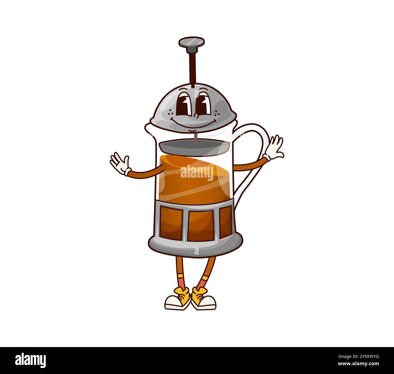 Groovy breakfast coffee french press character with a cheerful ...