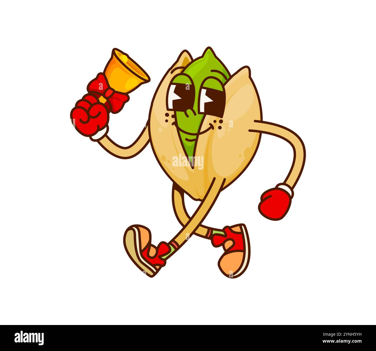 Christmas pistachio nut groovy character, joyfully ringing golden bell ...