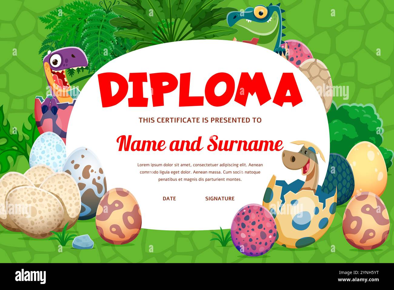 Kids diploma with funny baby dino in egg shells and prehistoric jungle ...