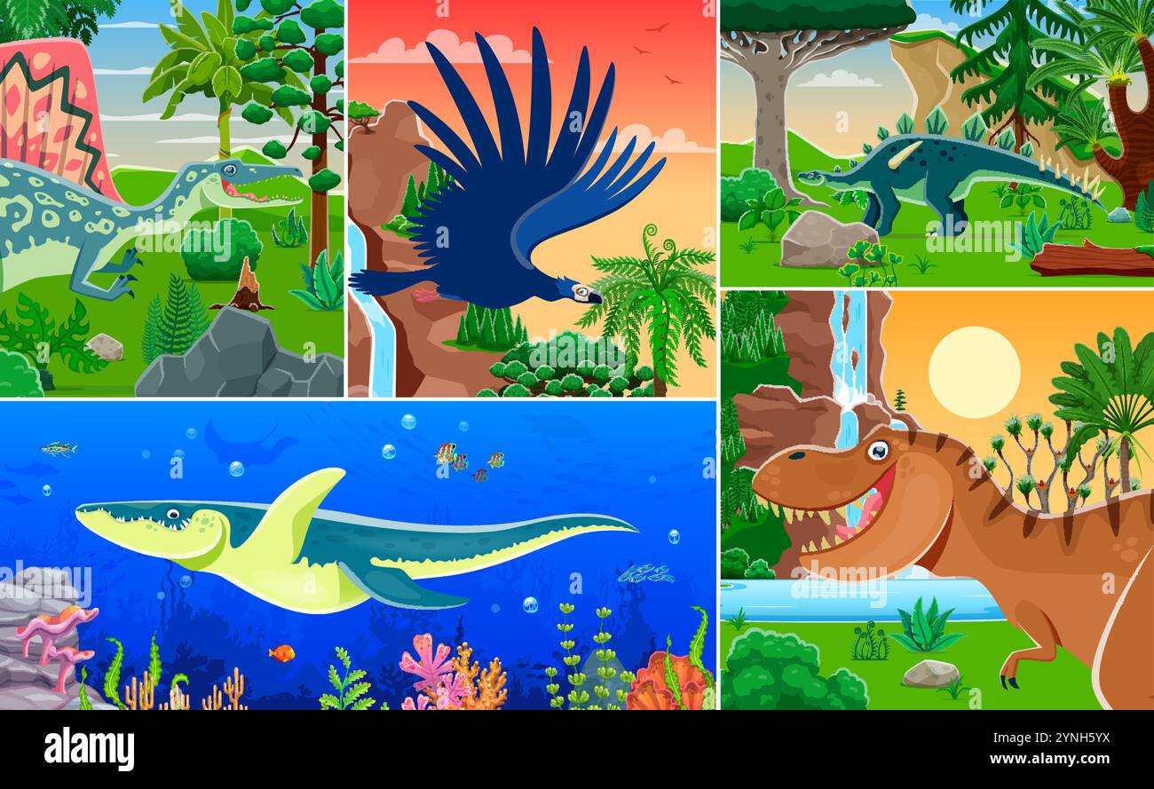 Prehistoric dinosaur and reptile characters collage of Jurassic era ...