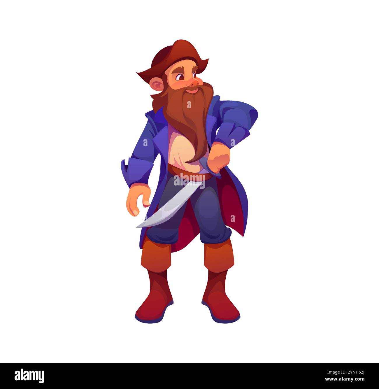 Cartoon pirate and corsair captain character in tricorn hat. Isolated vector swashbuckling rover ...