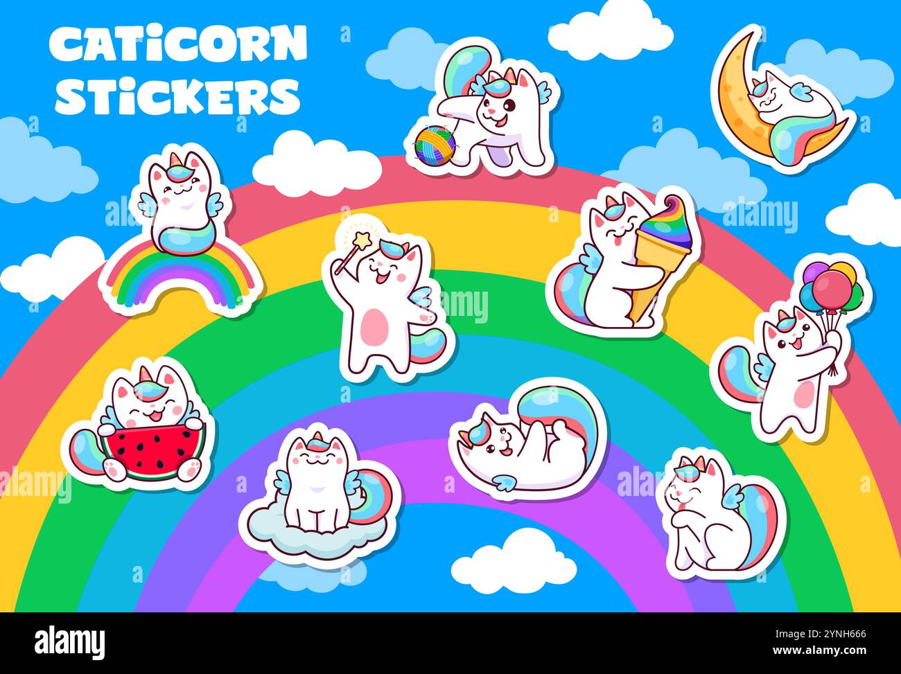 Kawaii caticorn cats and kittens characters stickers on rainbow sky ...