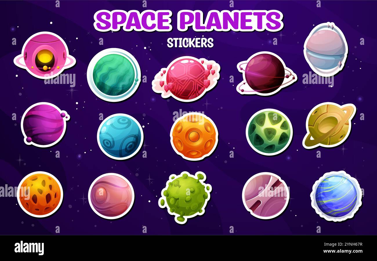 Cartoon alien space planets stickers. Vector patches set of vibrant ...