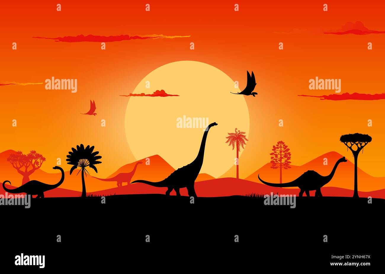 Dinosaurs and sunset silhouette with Jurassic era landscape and ...