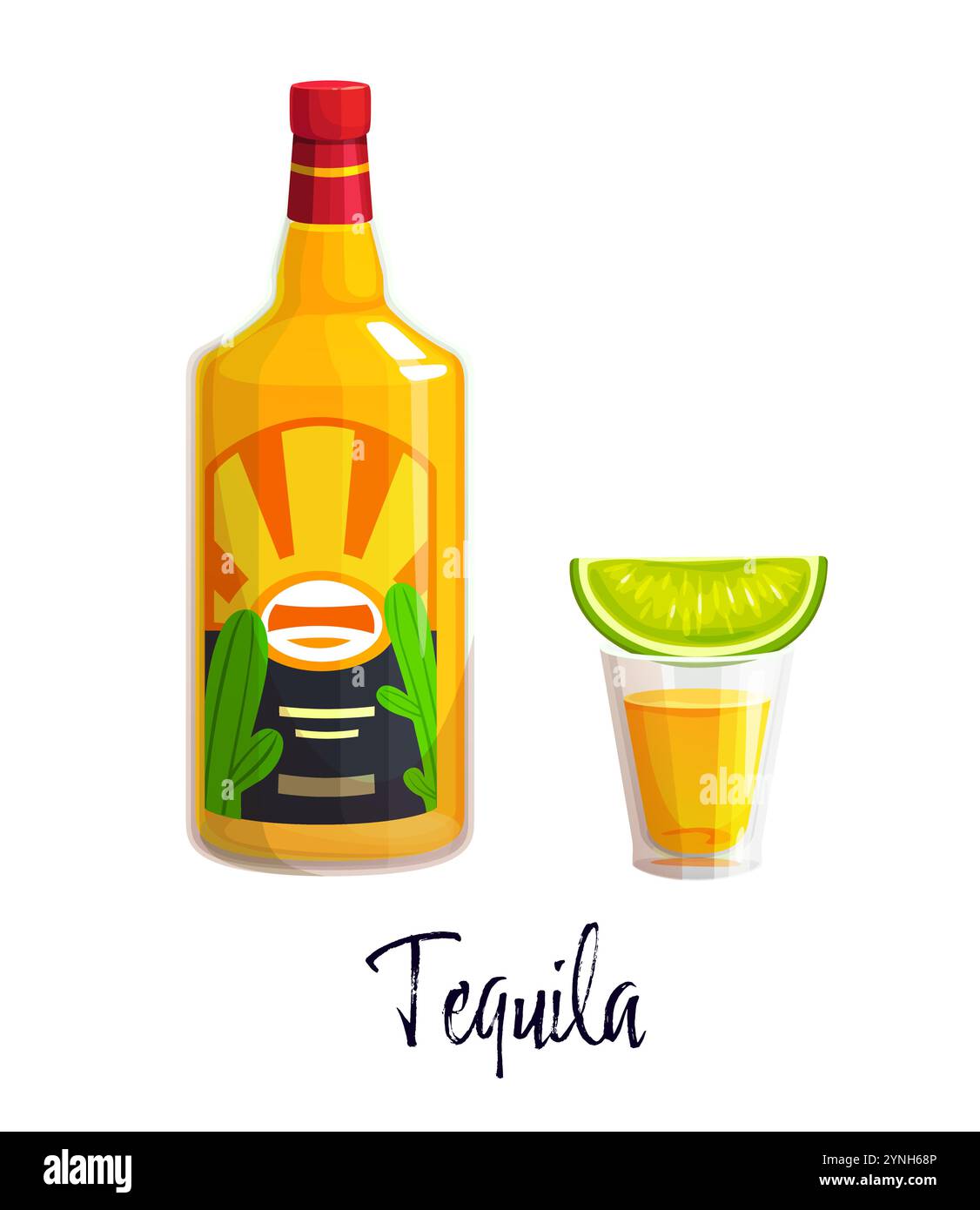 Mexican Tequila alcohol bottle and shot glass with a lime wedge. Vector ...