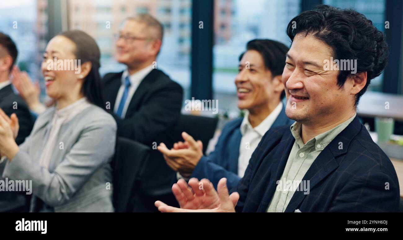 Business people, applause and man at conference with celebration, goals ...