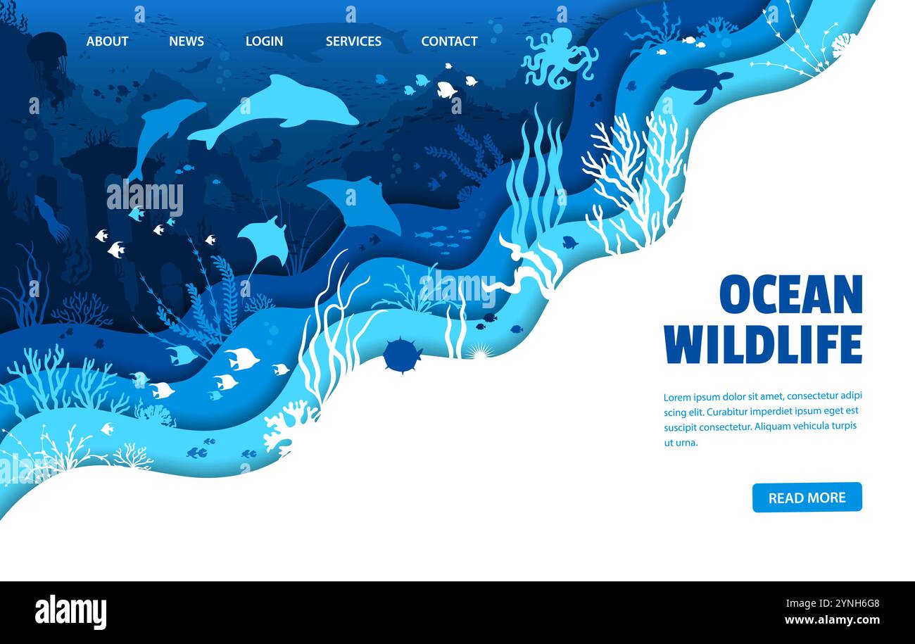 Paper cut ocean underwater landscape landing page template with sea ...