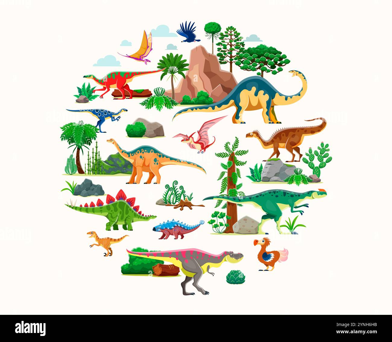 Prehistoric dinosaurs, cartoon vector dino characters in round isolated ...